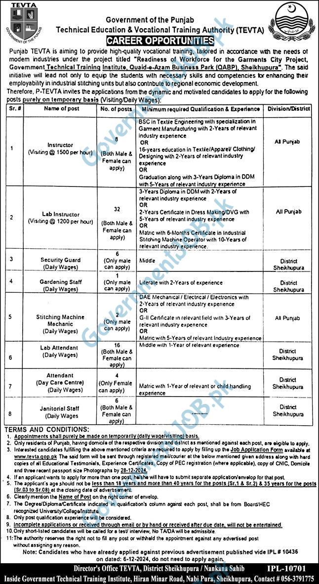 Punjab TEVTA Jobs Latest Dec2024 - Pakistan Nokri